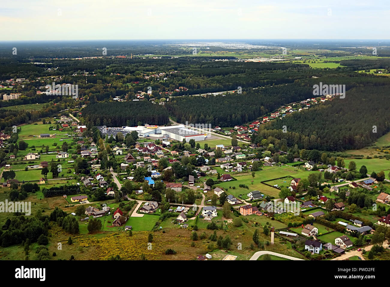 Aerial view over countryside in Latvia near Riga and Gulf of Riga Stock ...