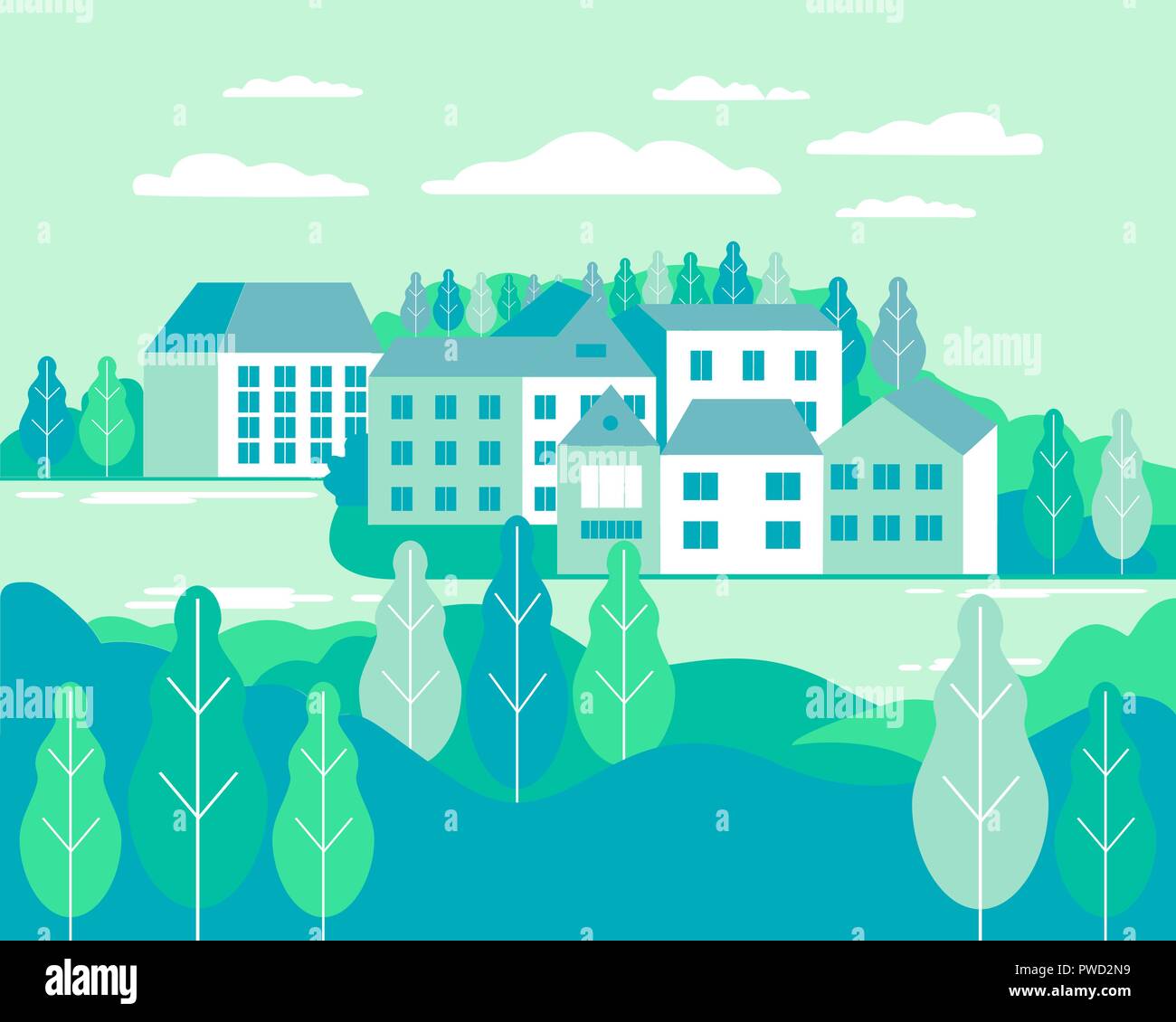 Village landscape flat vector illustration. Buildings, hills, lake ...
