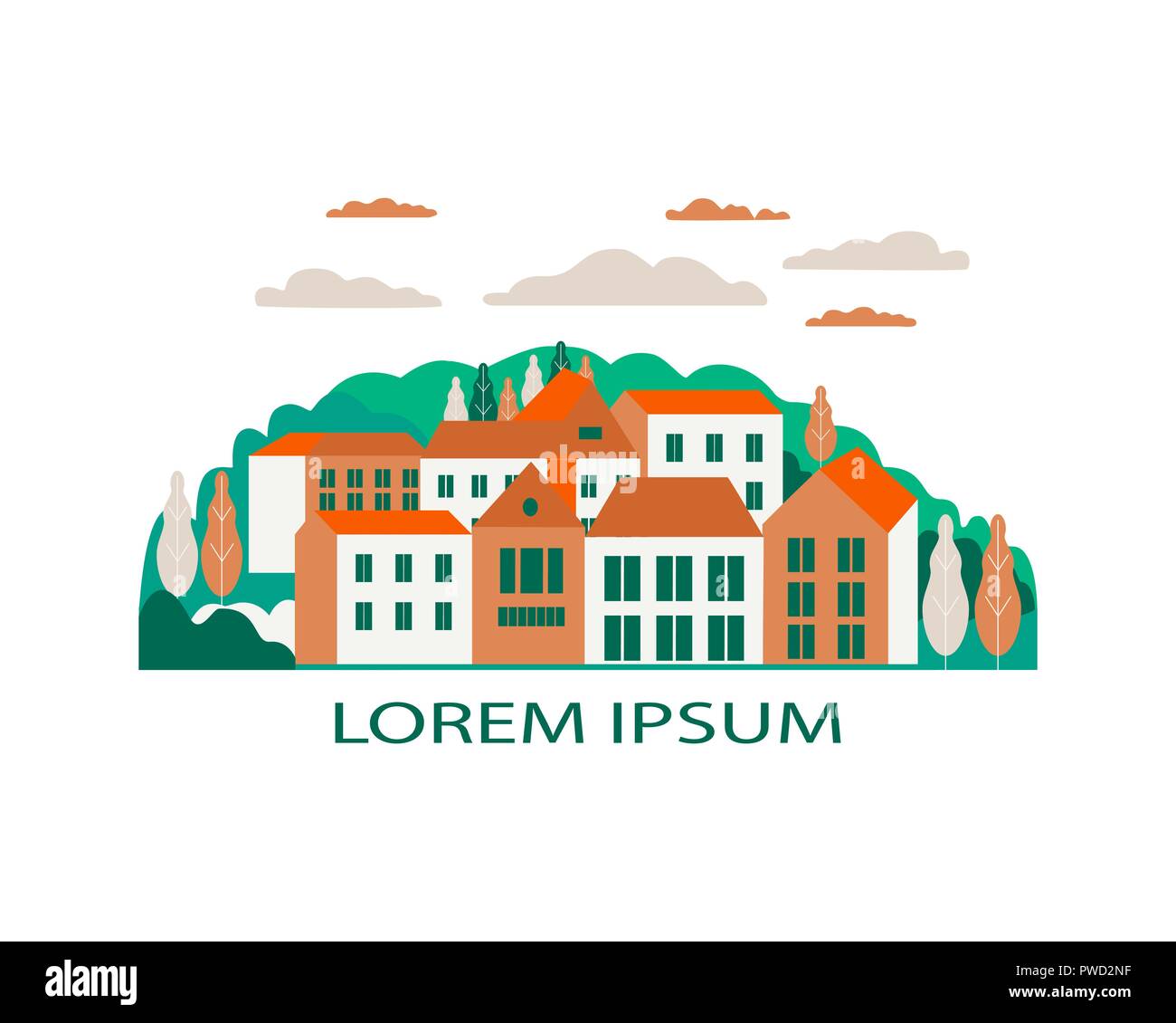 Village landscape flat vector illustration. Buildings, hills, lake ...