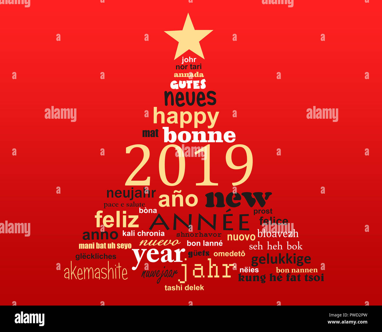 2019 new year multilingual text word cloud greeting card in the shape ...