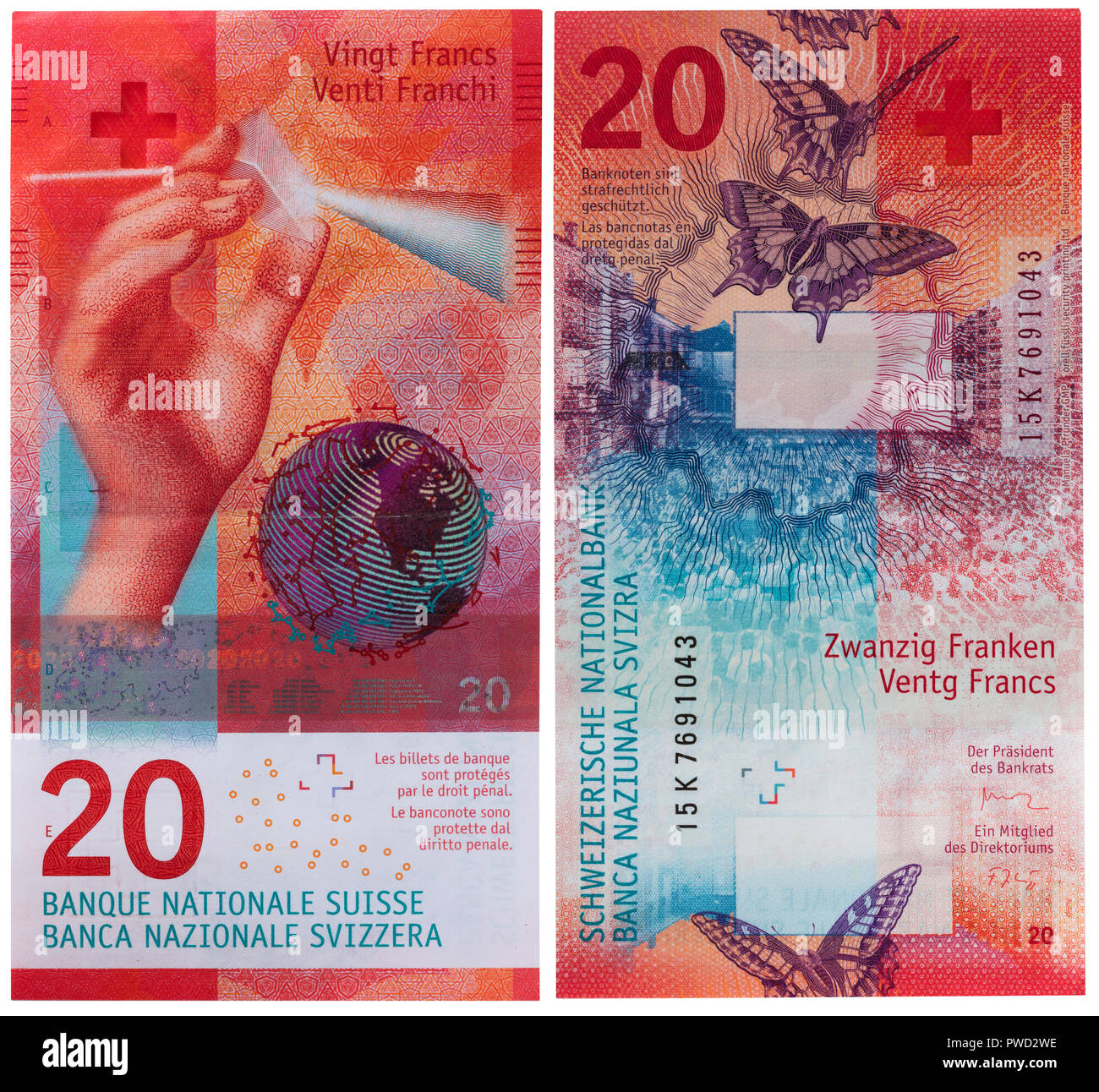 20 francs banknote, hand holding prism, Switzerland, 2017 Stock Photo ...