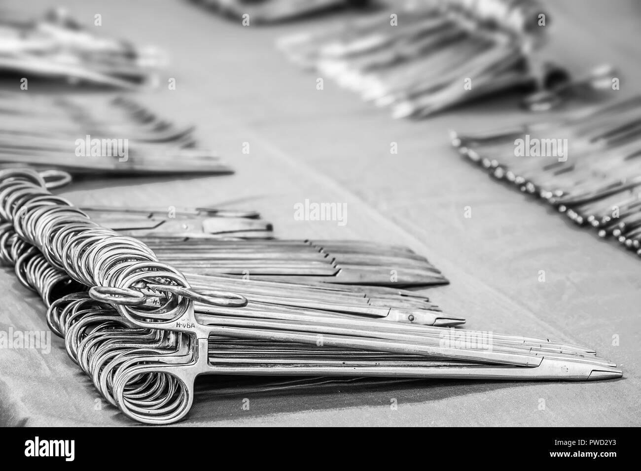 Sterile surgical instruments on the table. Made of surgical steel Stock ...