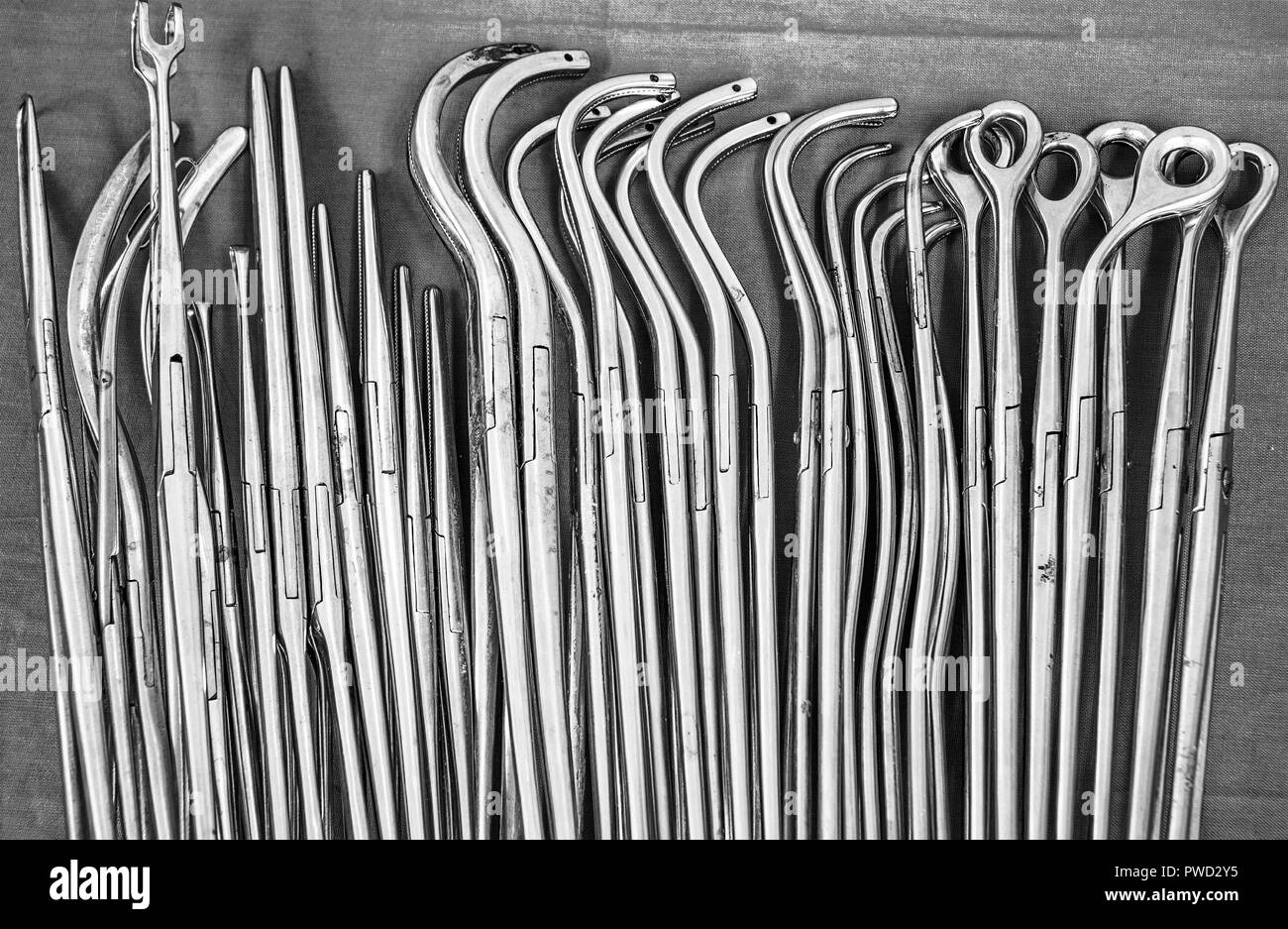 Sterile surgical instruments on the table. Made of surgical steel Stock ...