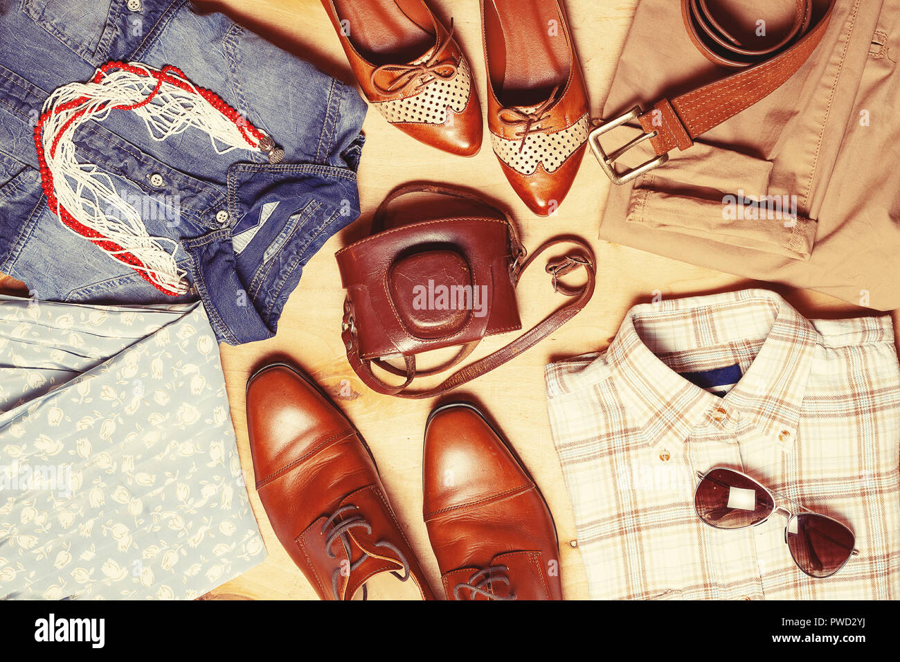 Outfit of modern creative couple. Romantic walk Stock Photo - Alamy