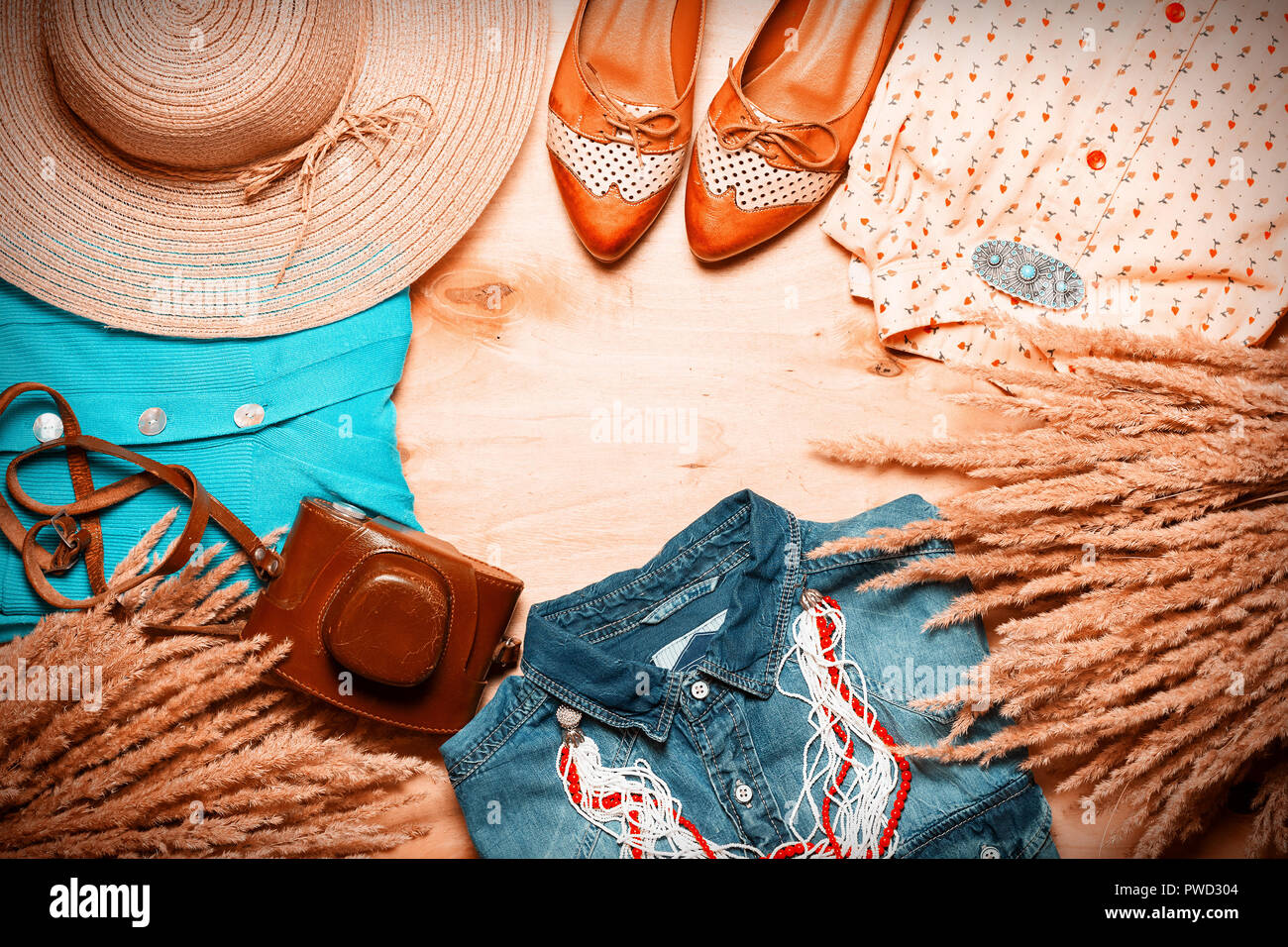 Outfit of modern creative woman. Rustic fashion Stock Photo - Alamy