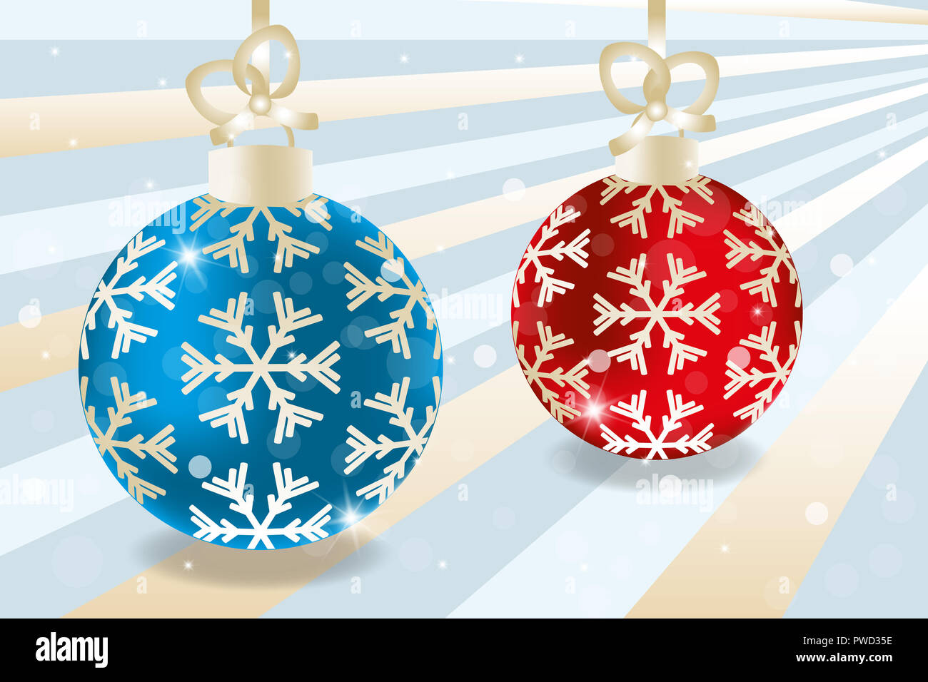 Realistic Christmas baubles in blue and red with golden decorations on ...