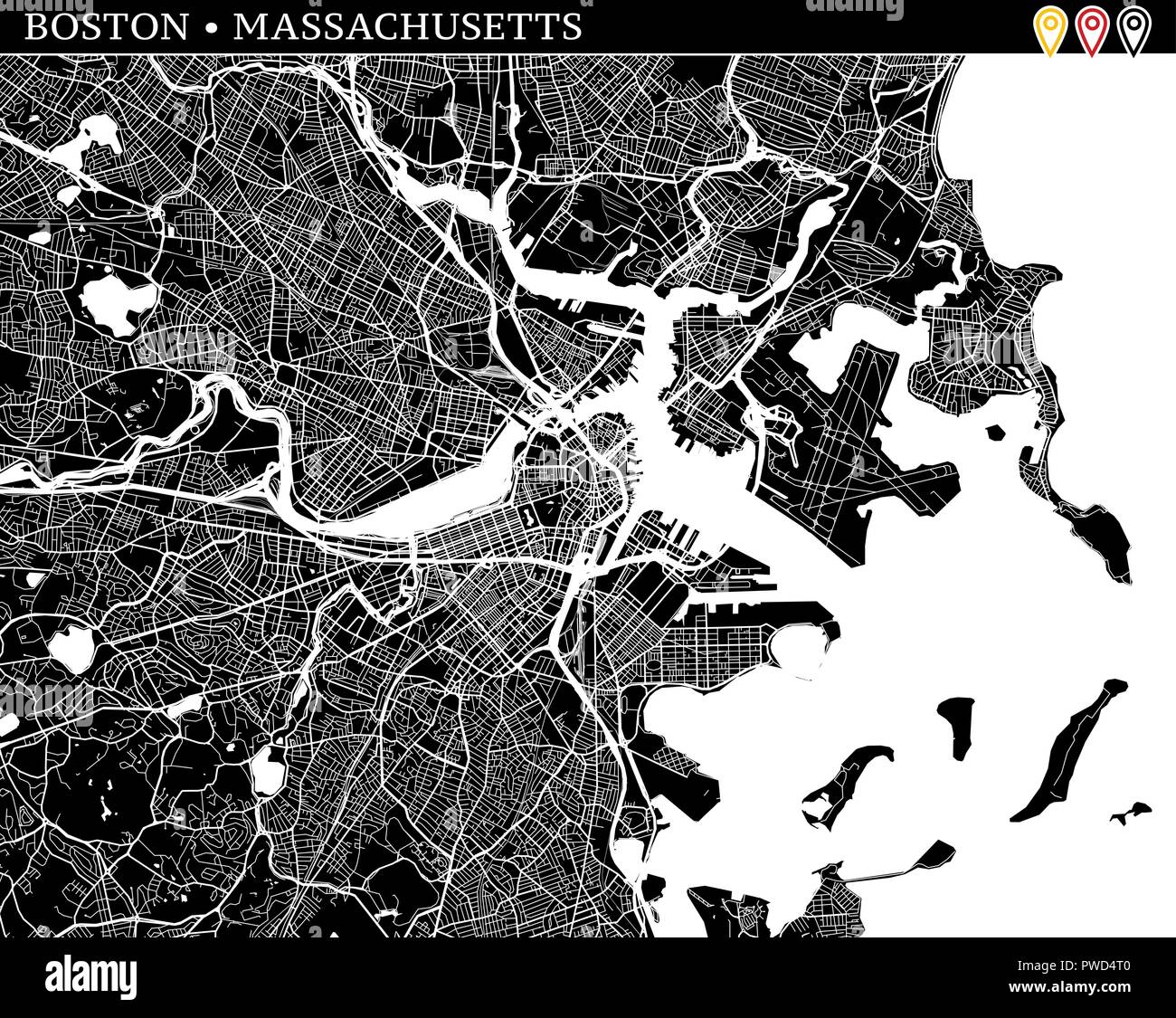 Simple map of Boston, Massachusetts, USA. Black and white version for ...