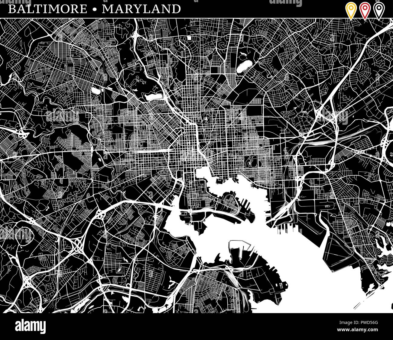 Simple map of Baltimore, Maryland, USA. Black and white version for ...