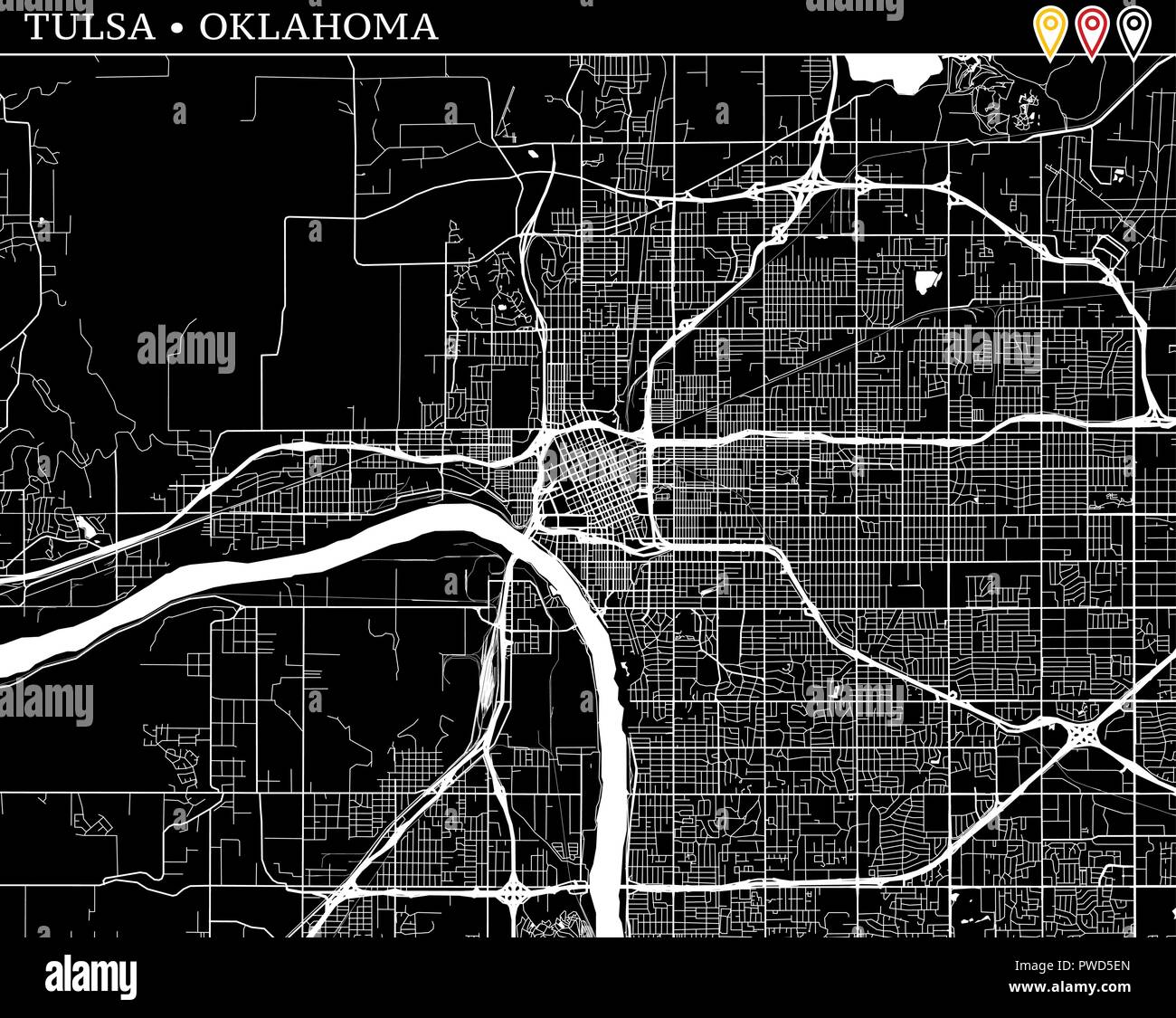 Simple map of Tulsa, Oklahoma, USA. Black and white version for clean ...