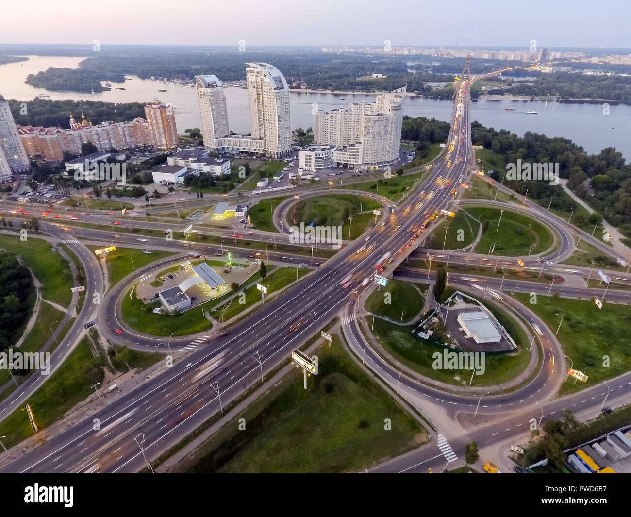 Static vertical top down aerial view of traffic on freeway interchange ...