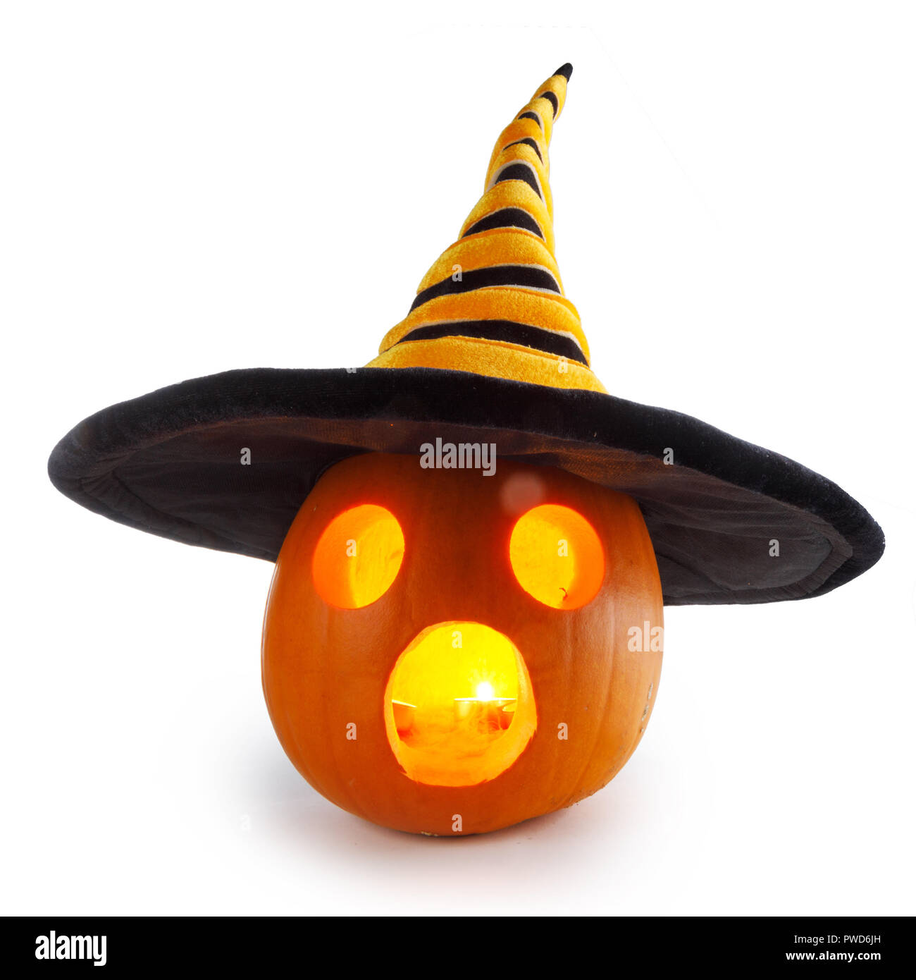 Shocked glowing halloween pumpkin with witches hat isolated on white ...