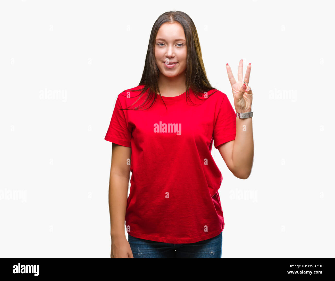 Young beautiful caucasian woman over isolated background showing and ...