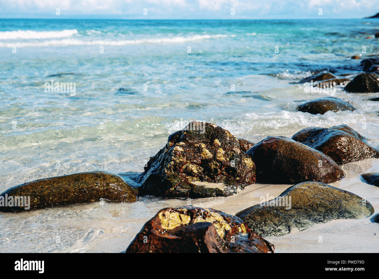 Rocks on shore at the sea with sky in summer Stock Photo - Alamy