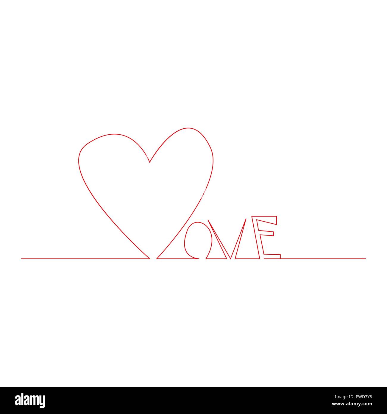 Love text with continuous line drawing of heart isolated on white ...