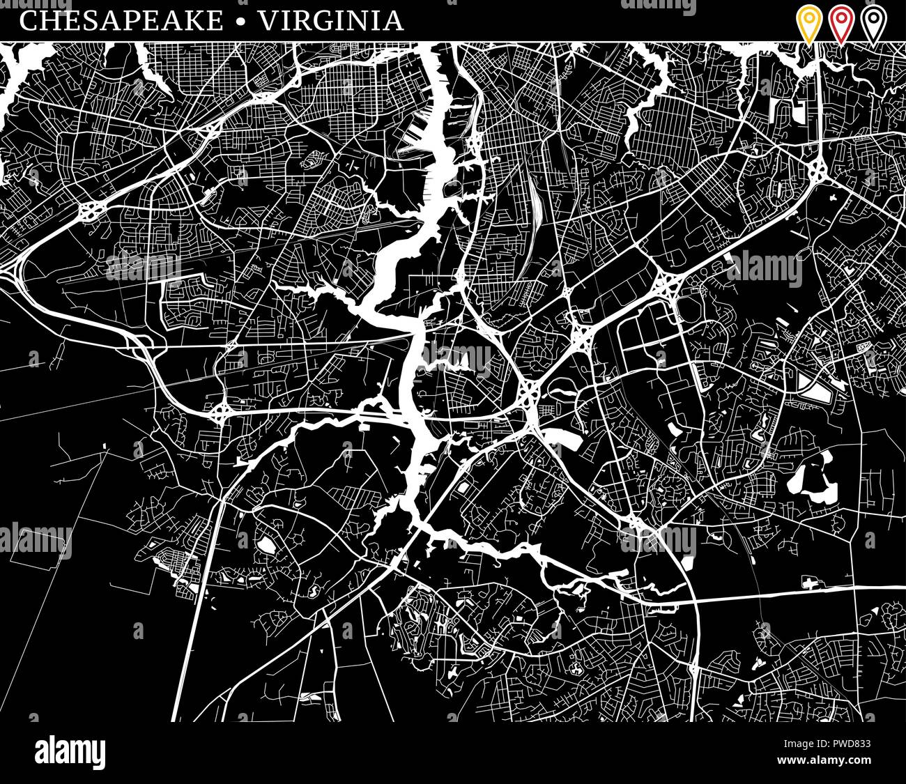 Simple map of Chesapeake, Virginia, USA. Black and white version for ...