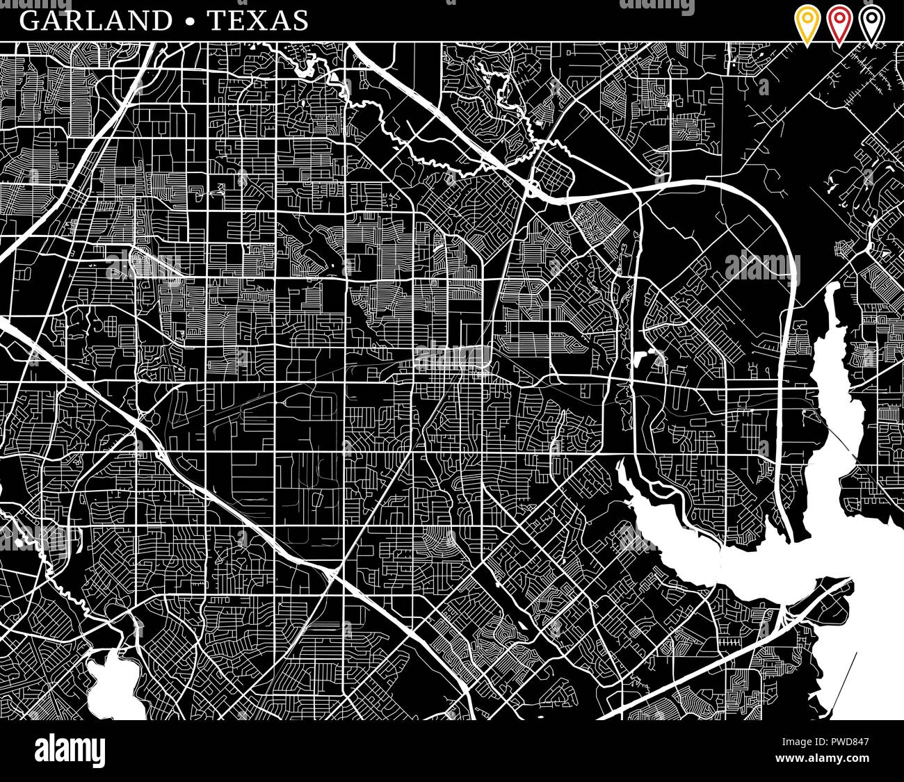 Simple map of Garland, Texas, USA. Black and white version for clean ...
