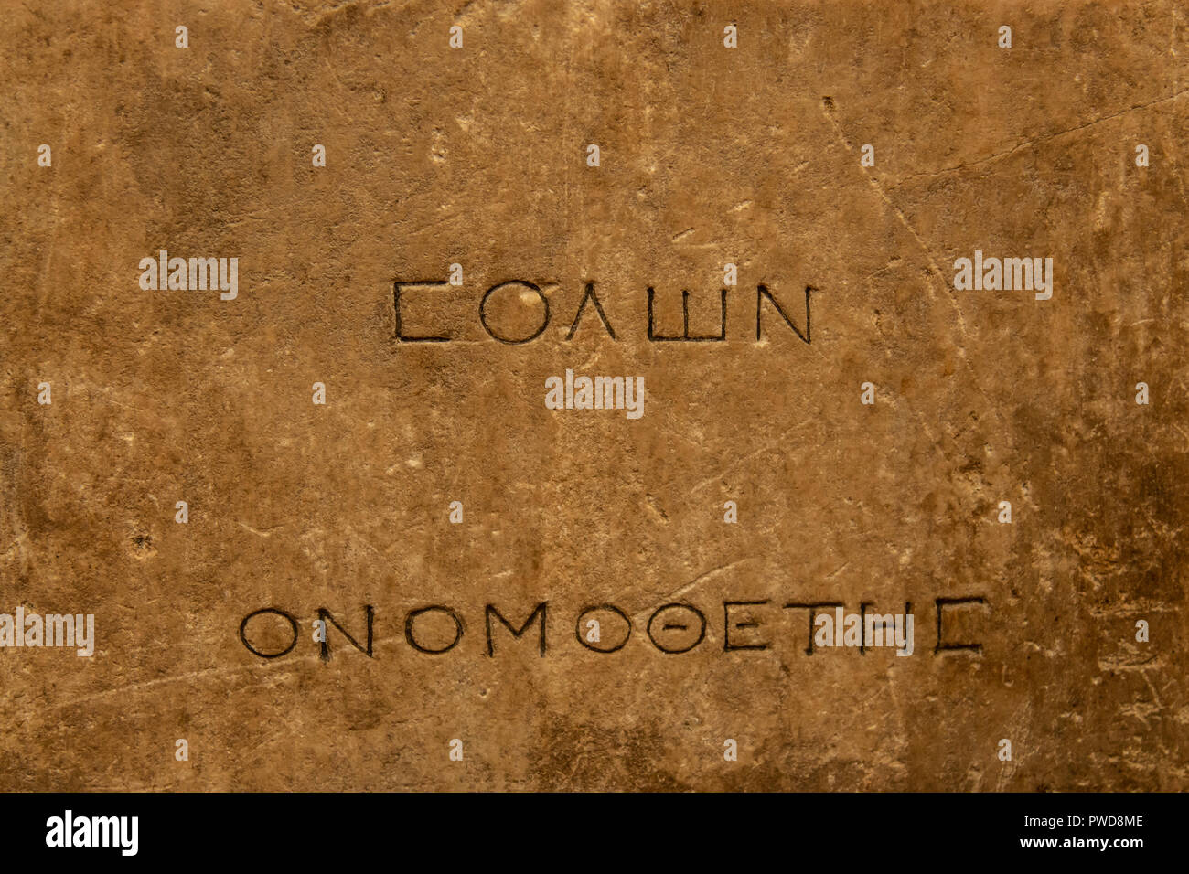 A closeup of the words on a marble bust of Sophocles, formerly known as ...