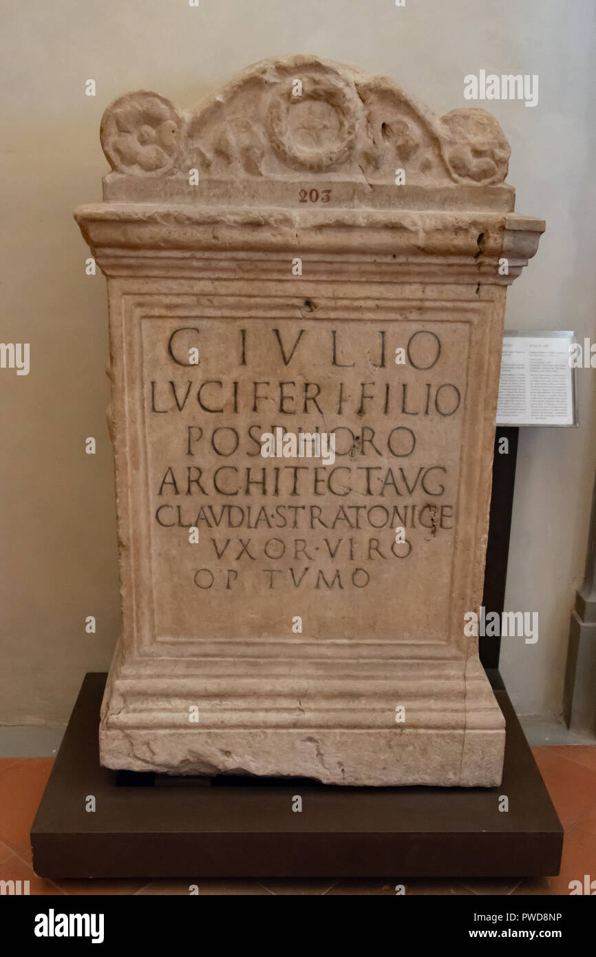 A Roman memorial stone tablet or monument with engraving on display in ...