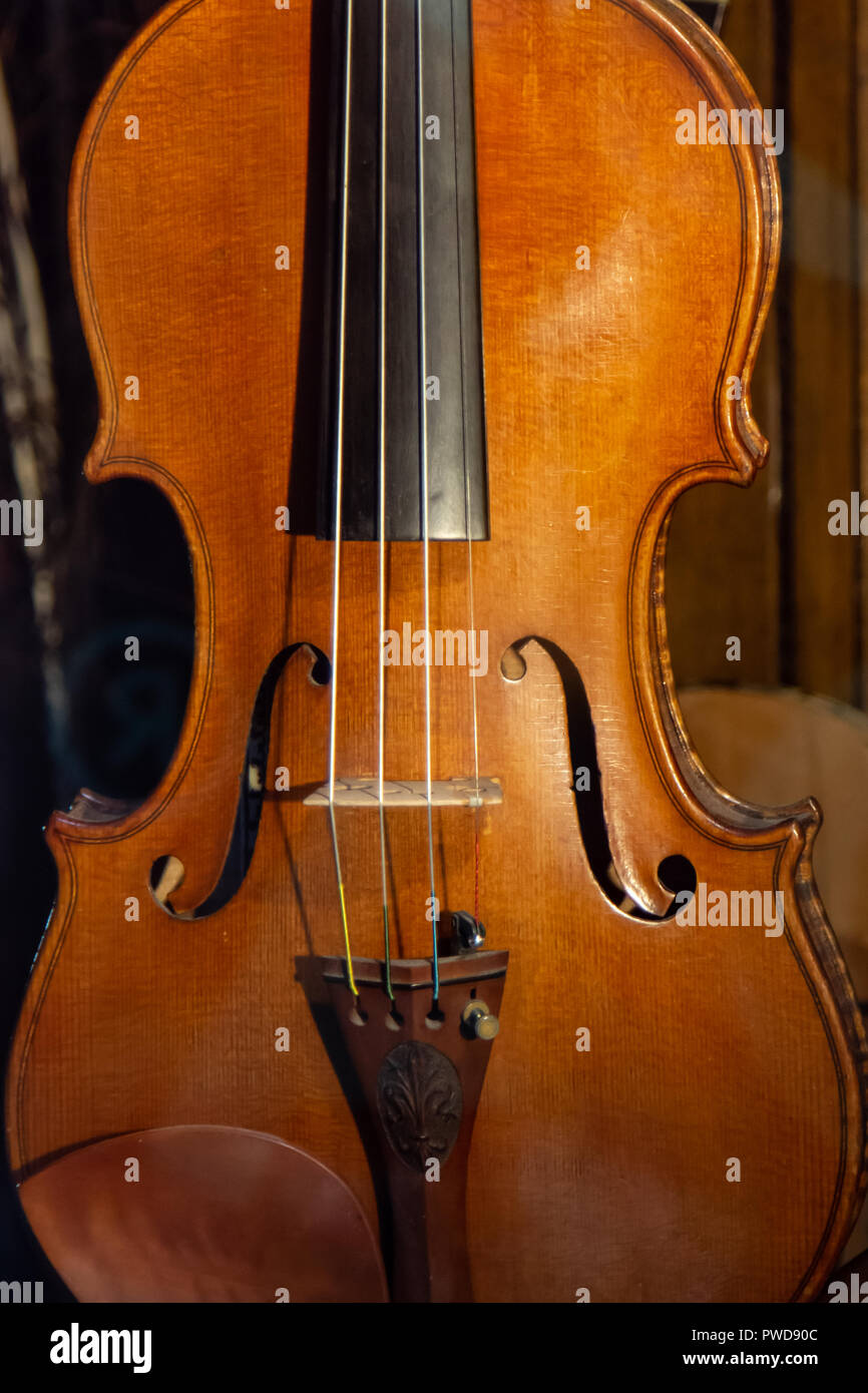 A handcrafted violin displayed in a shop window in Florence, Italy ...