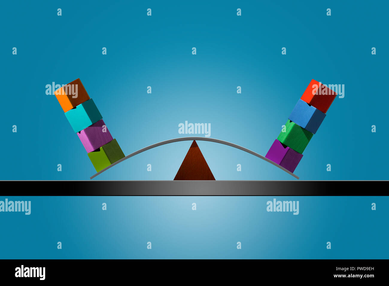 Concept 4 Four Color Cubes Stacked in Balance on a Bend Strip of Wood ...