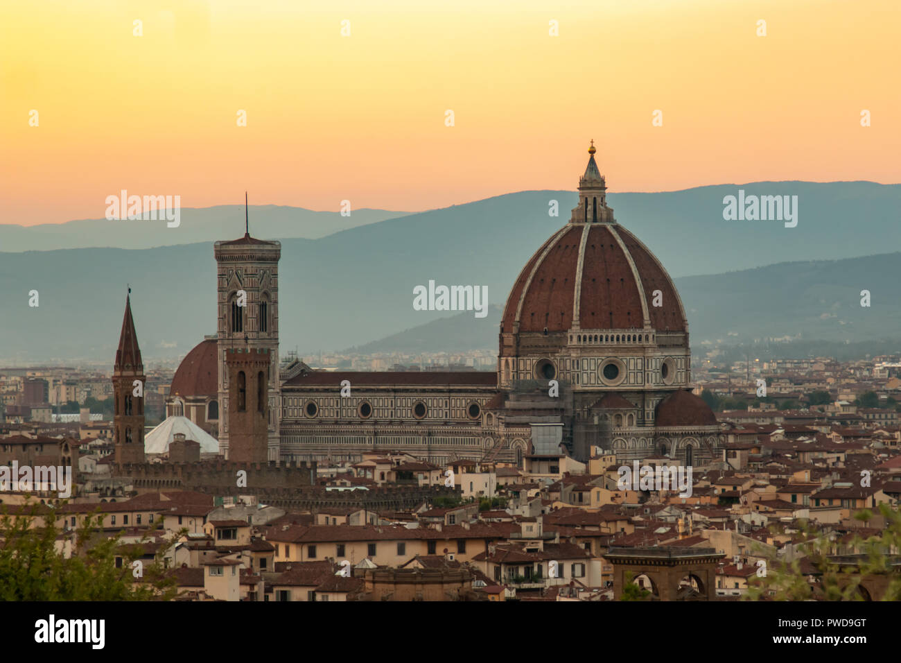 The view of Florence, Italy at sunset from Piazzale Michelangelo in the ...