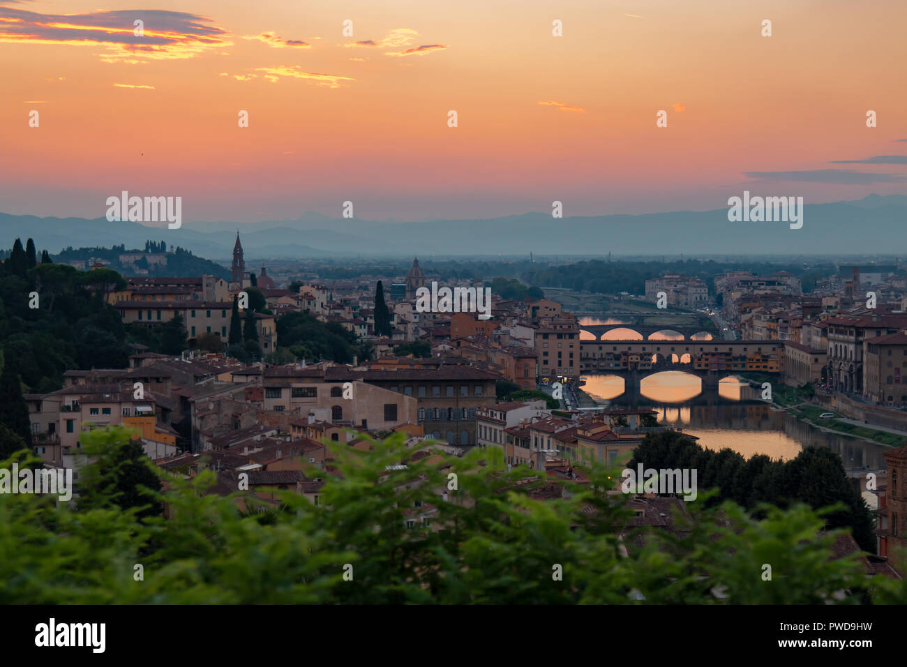 The view of Florence, Italy at sunset from Piazzale Michelangelo in the ...
