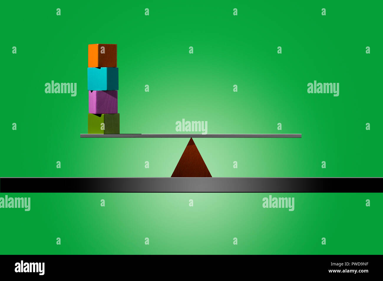 Concept 4 Four Color Cubes Stacked in Balance on Strip of Wood ...