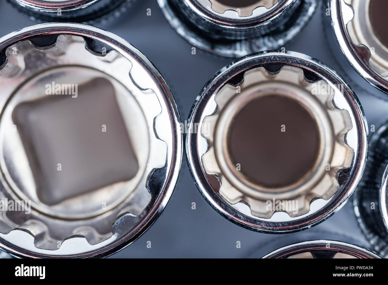 Metal wrench sockets flatlay top view abstract background Stock Photo ...