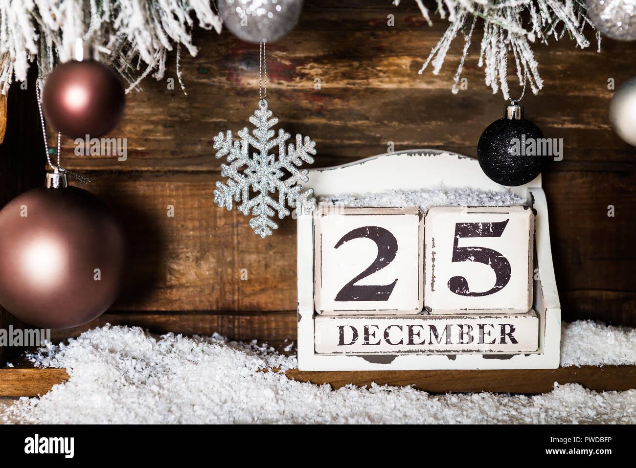 Christmas Frame from Snowy Xmas tree branches, Wooden Block Calendar ...