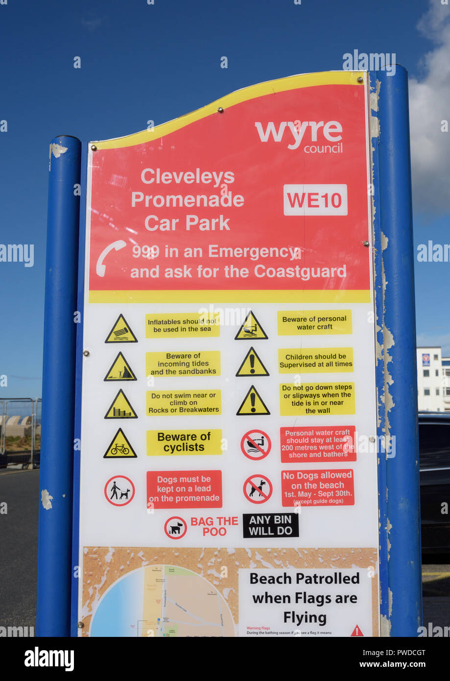 Wyre council warning and information exterior signage in front of sea ...