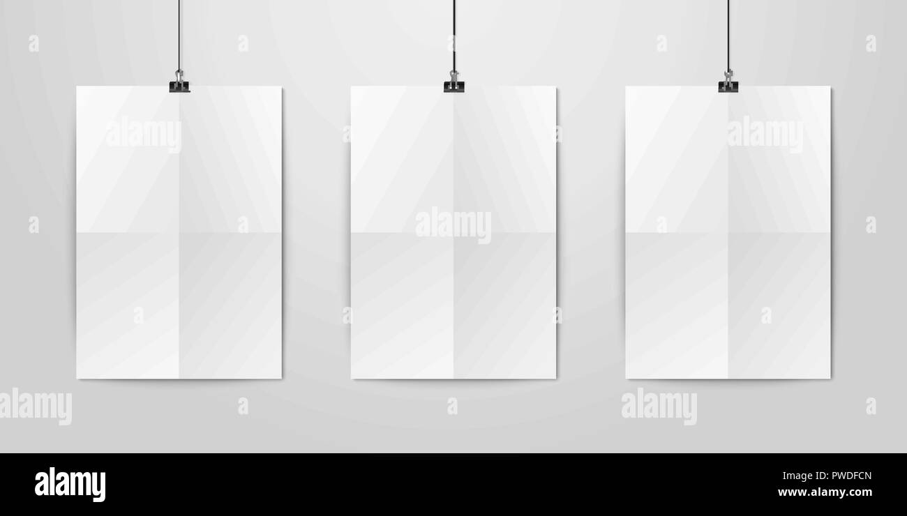 Three Vector Realistic White Blank Vertical A4 Folded Paper Poster ...
