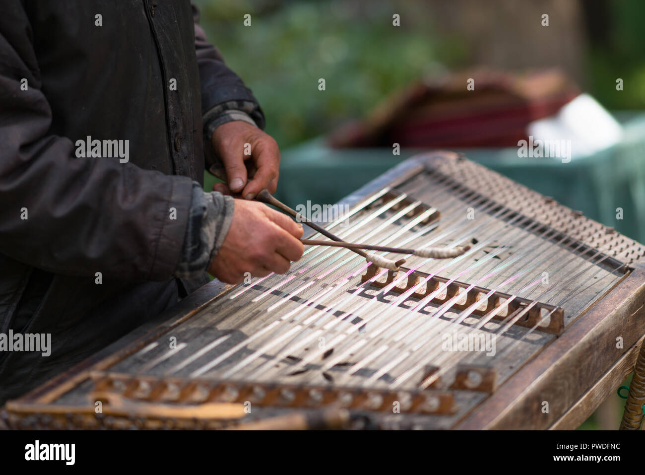Close up view of musician playing traditional hammered dulcimer with ...