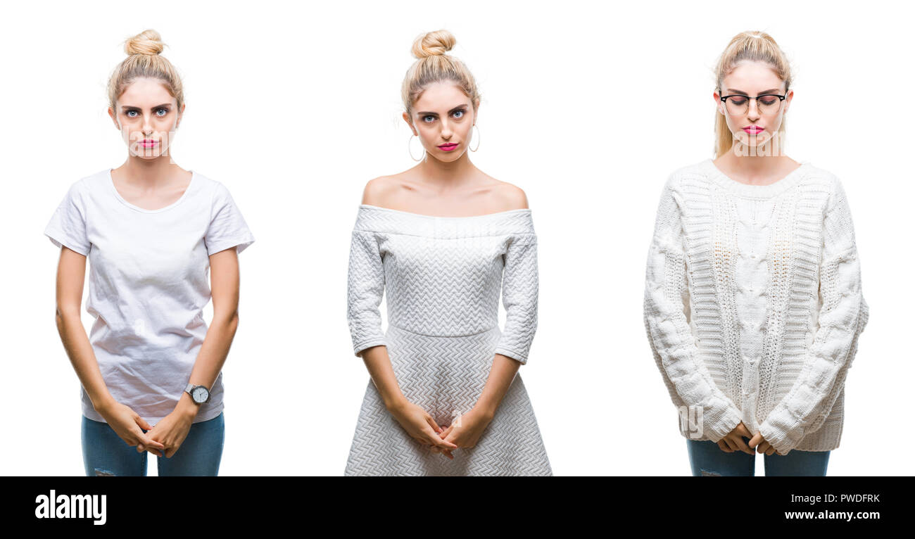 Collage of young beautiful blonde woman over white isolated background ...