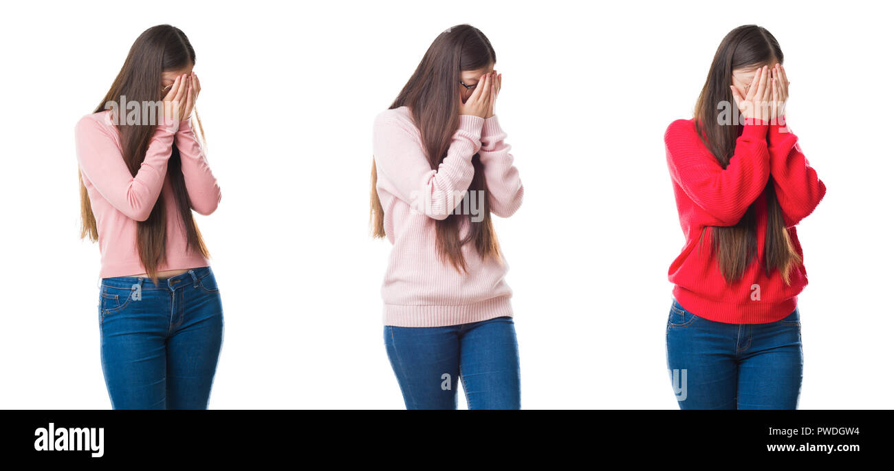 Collage of young beautiful Chinese woman over isolated background with ...