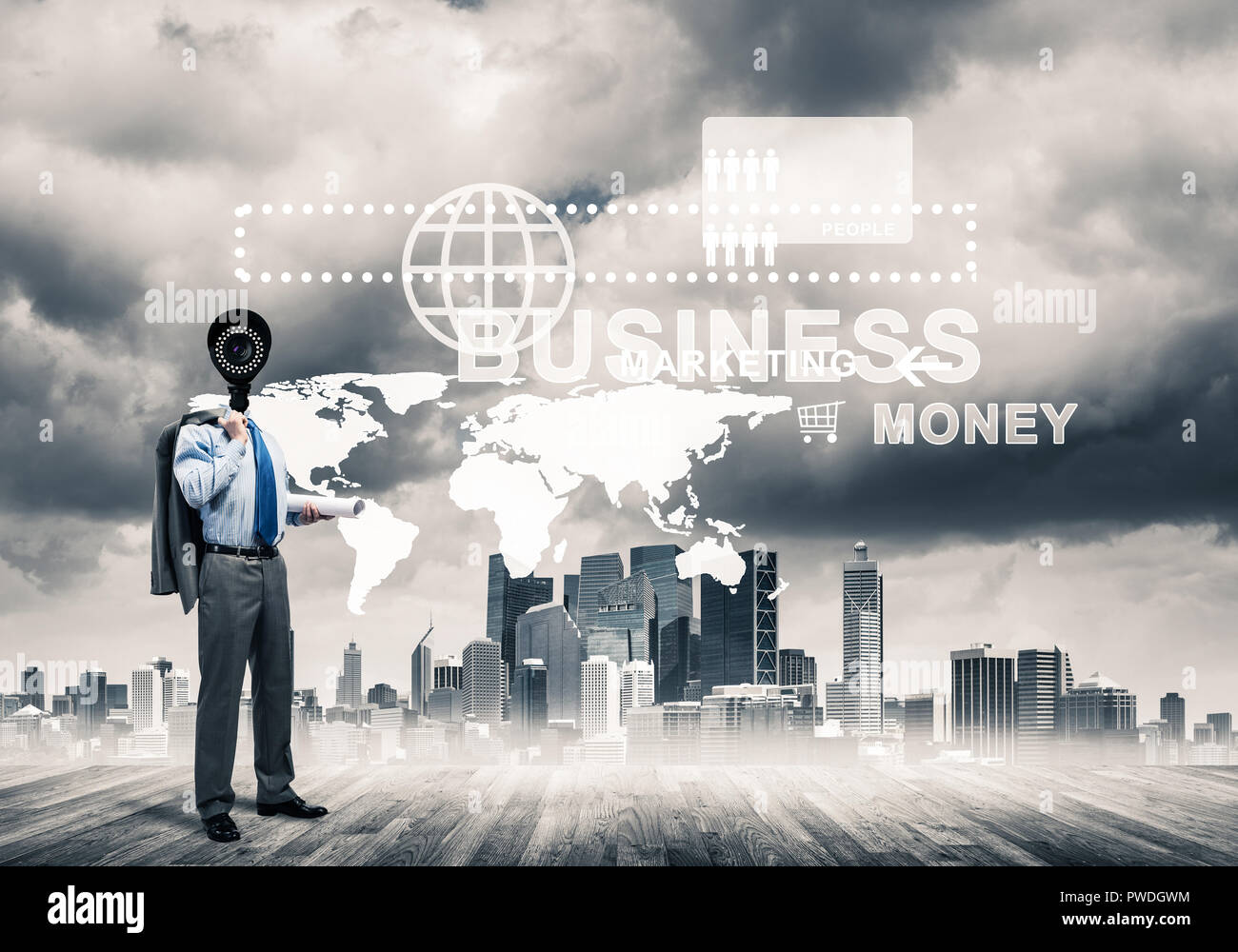 Camera headed man standing on wooden floor against modern citysc Stock ...