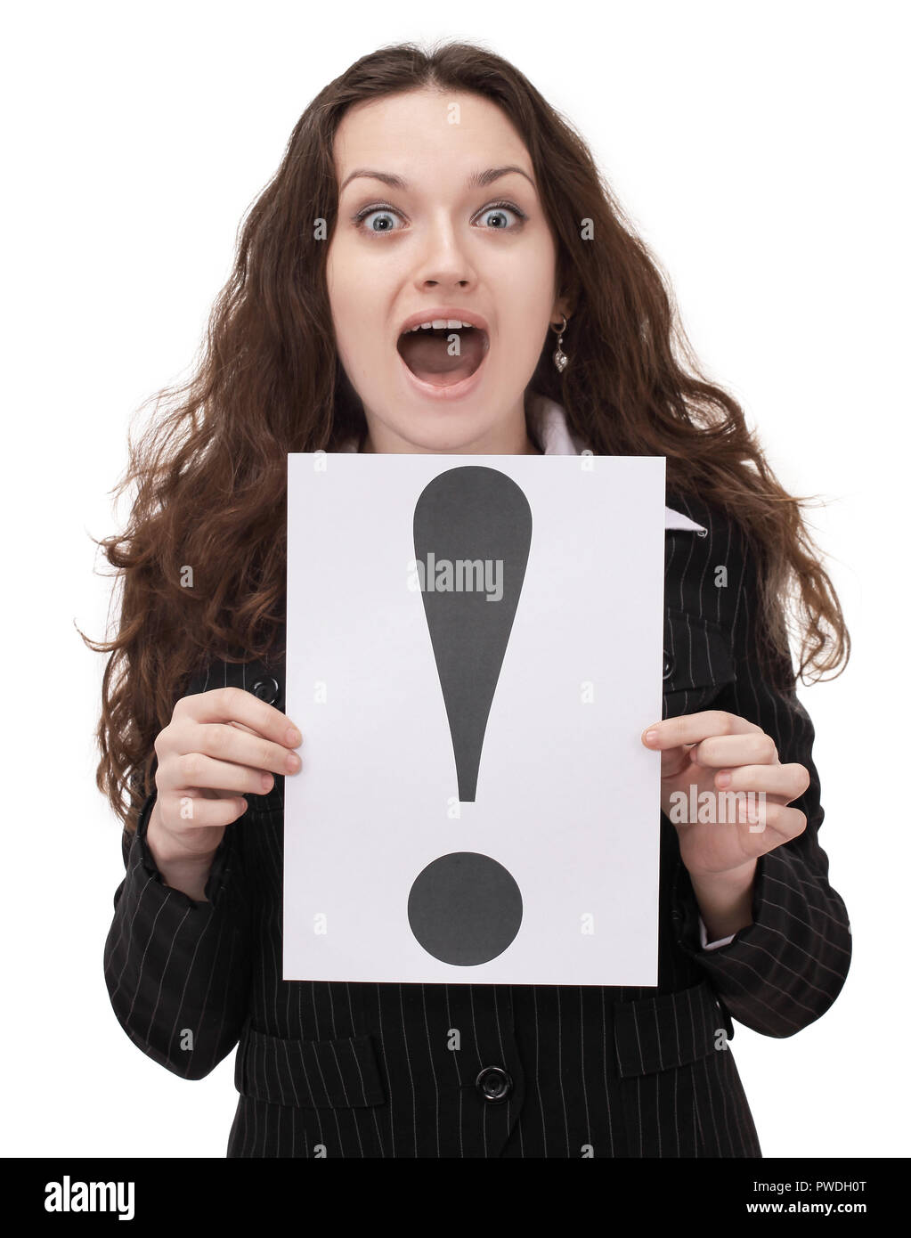 young business woman holding the exclamation mark Stock Photo - Alamy