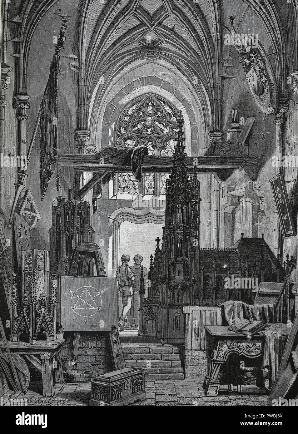 Europe. Middle ages Interior of a workshop. Stone carving. Engraving of ...