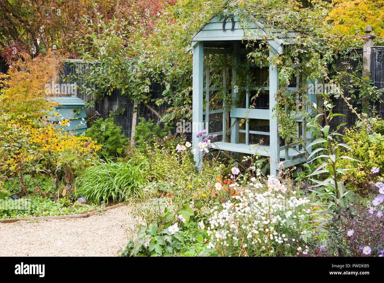 Gravel path leading to an empty garden bench Stock Photo - Alamy