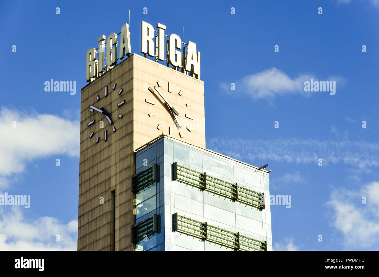 Clock tower in Riga city center, Latvia Stock Photo - Alamy
