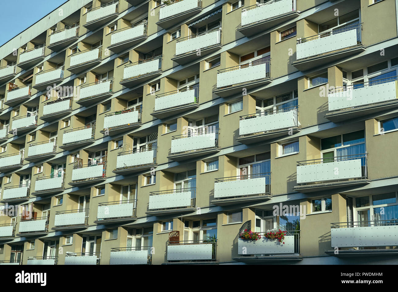 balconies on the facade of a residential high-rise buildings in Poznan ...