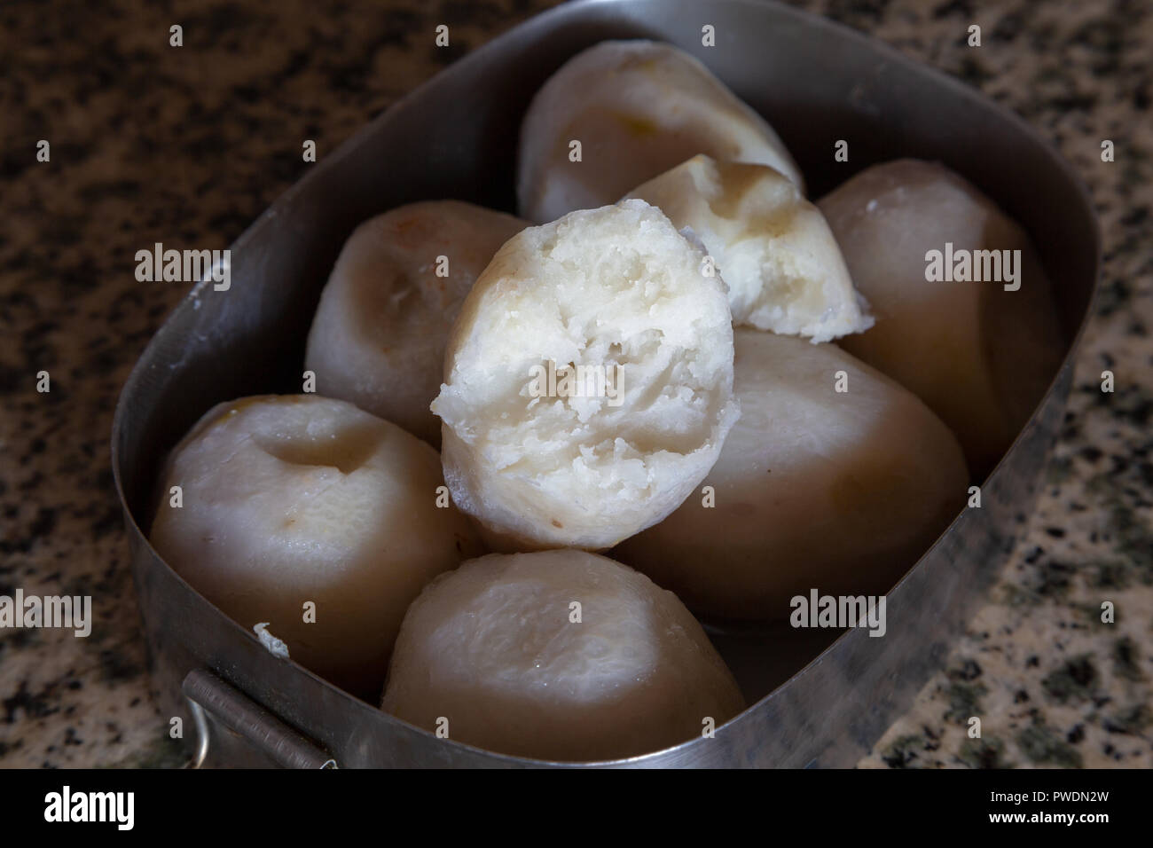 Baby taro corms (Colocasia esculenta), steamed in stainless steel bento ...