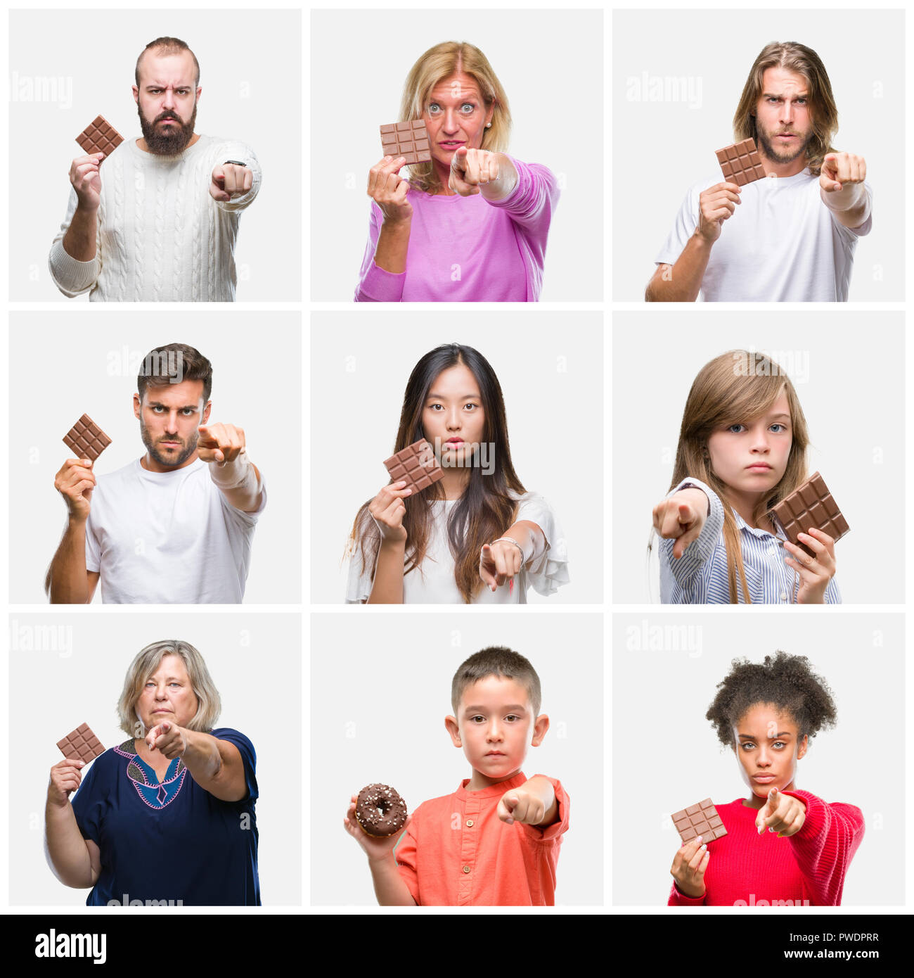 Collage of group of people eating chocolate over isolated background ...