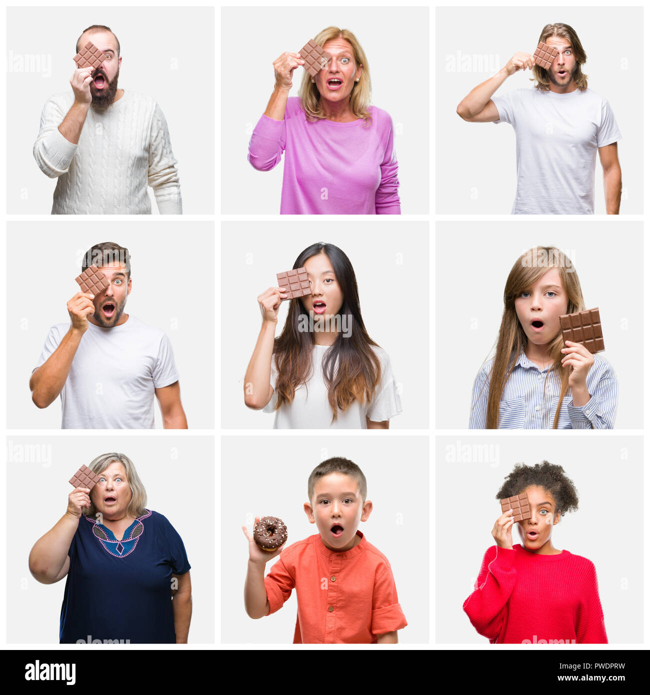 Collage of group of people eating chocolate over isolated background ...