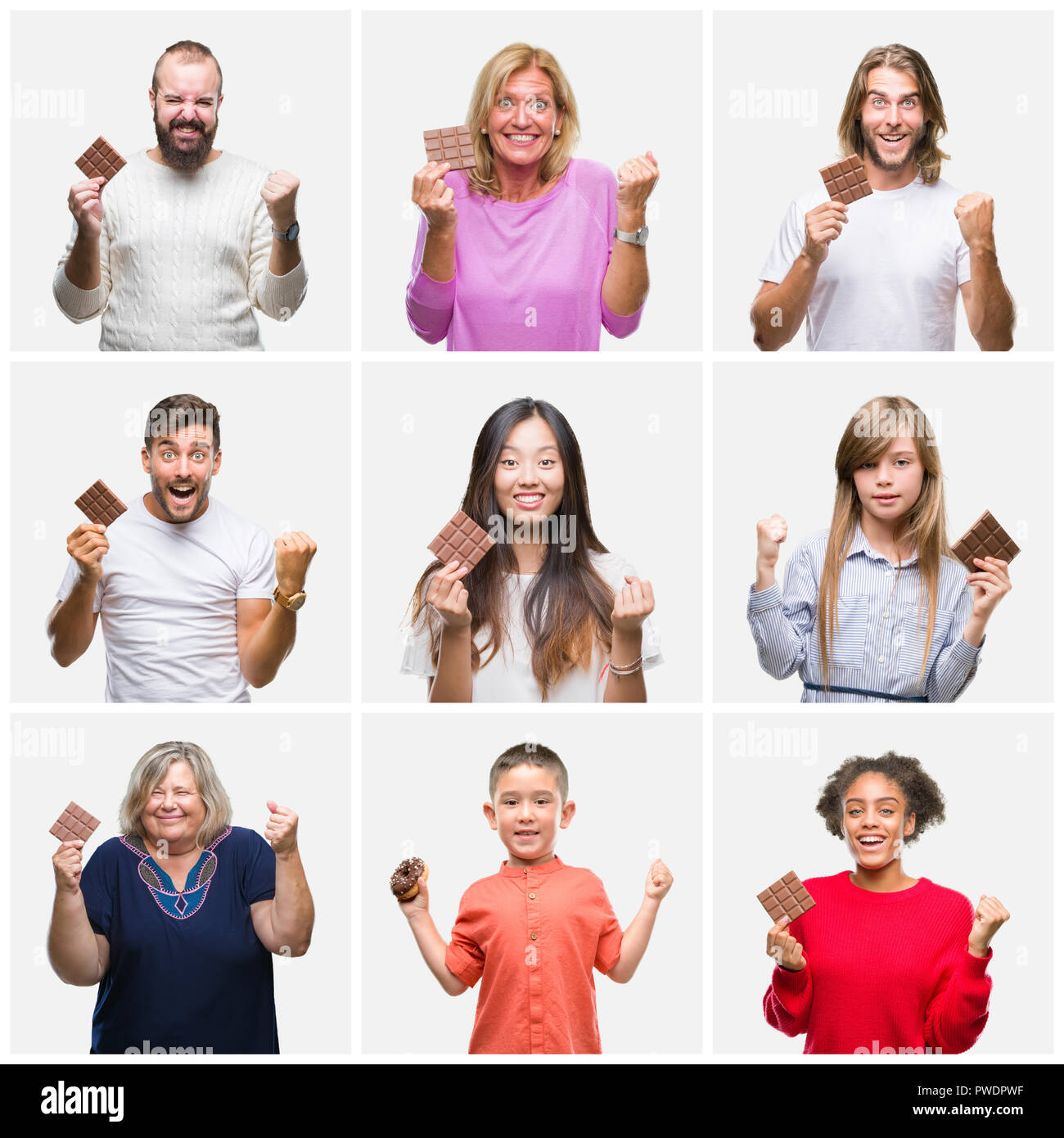 Collage of group of people eating chocolate over isolated background ...