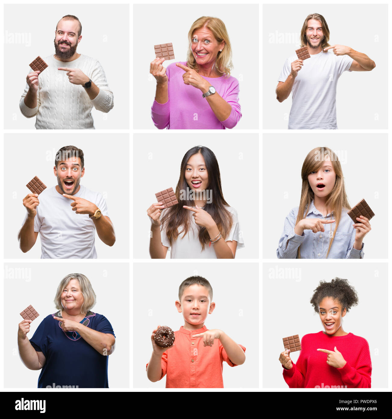 Collage of group of people eating chocolate over isolated background ...