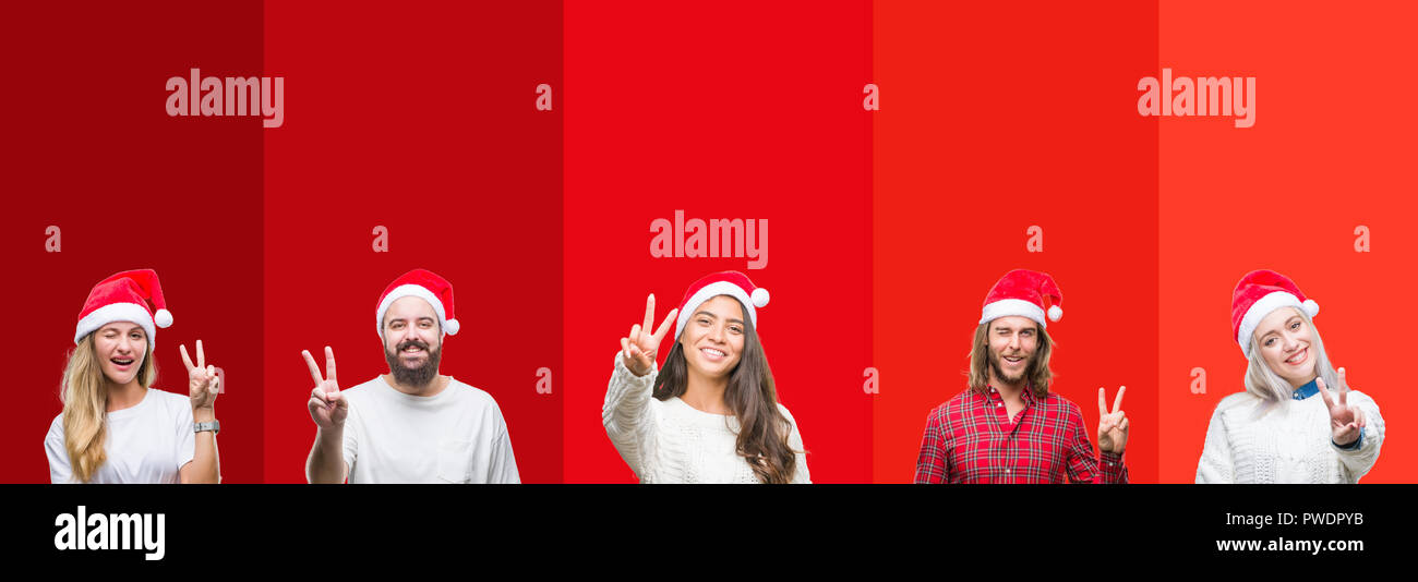 Collage of group of young people wearing chrismast hat over isolated ...