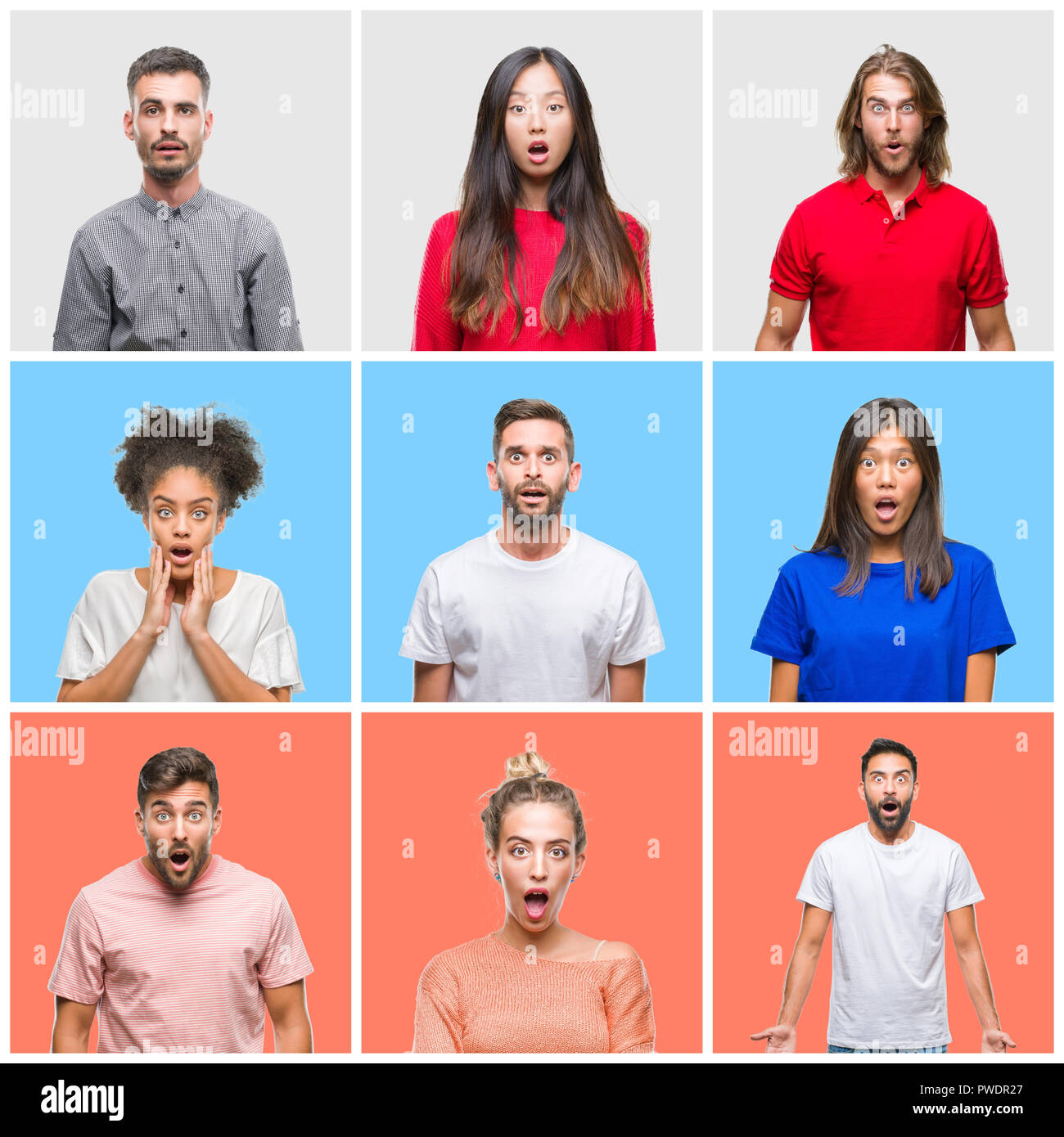 Collage of group of young people over colorful isolated background ...