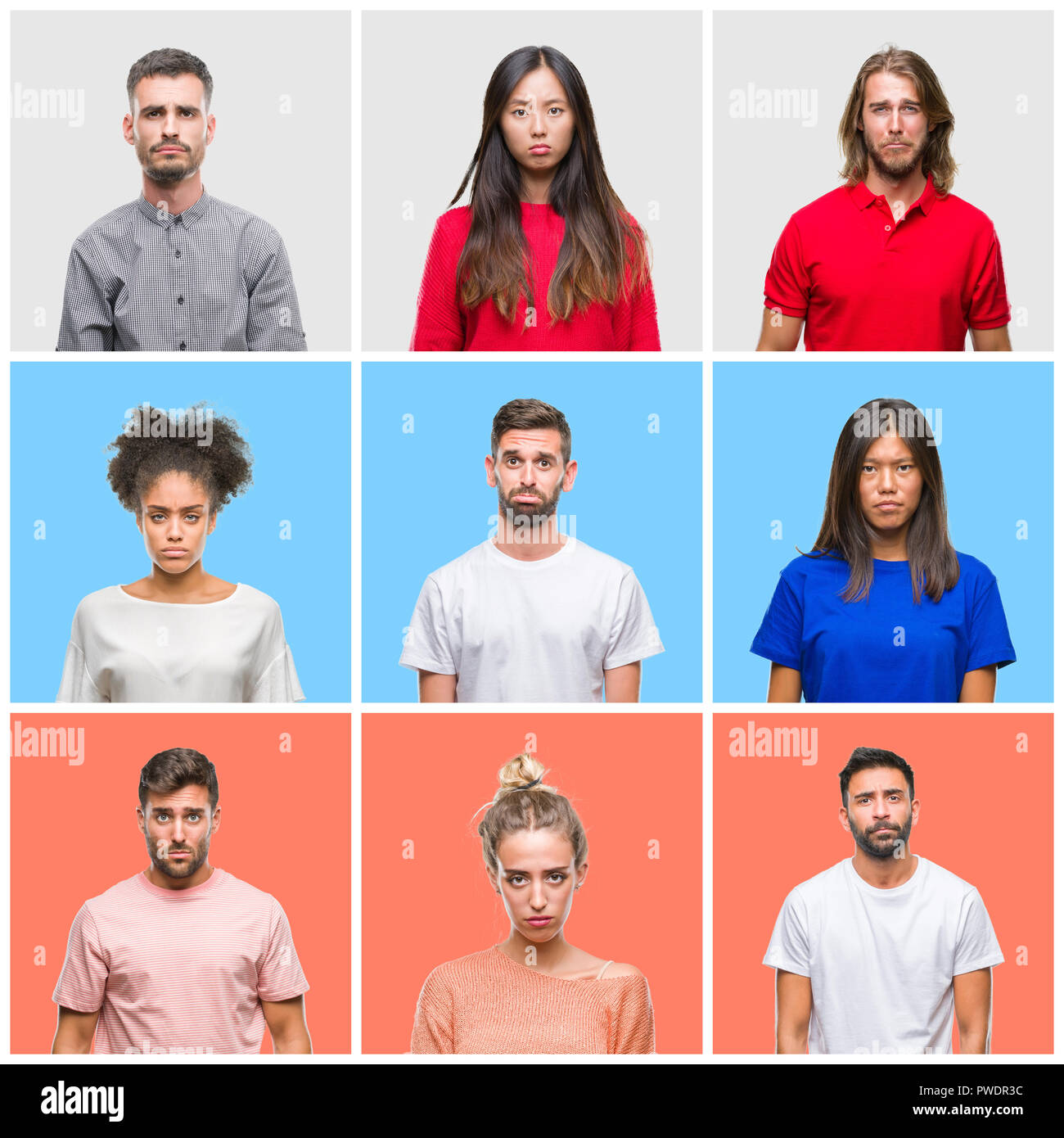 Collage of group of young people over colorful isolated background ...