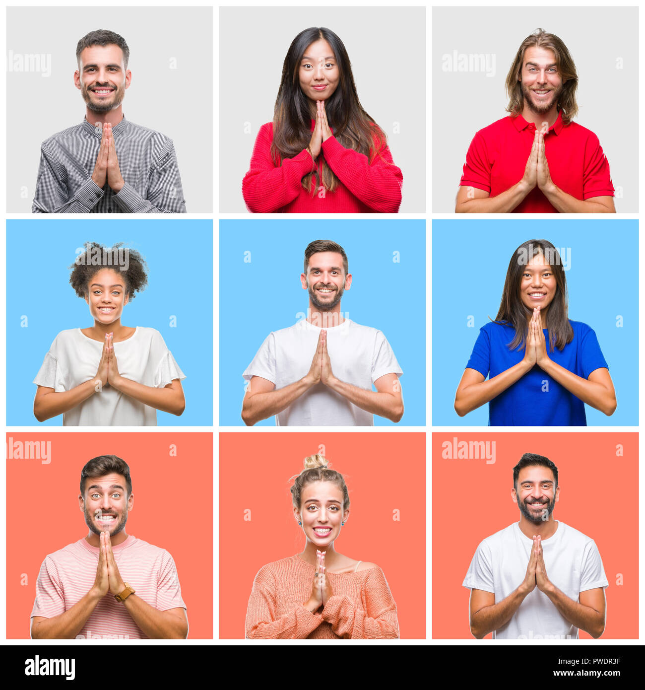 Collage of group of young people over colorful isolated background ...