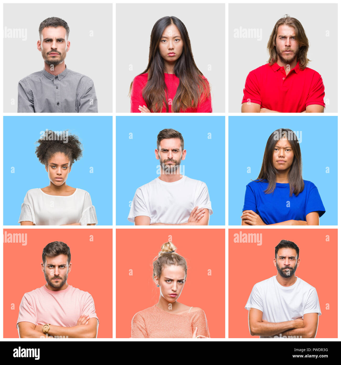 Collage of group of young people over colorful isolated background ...